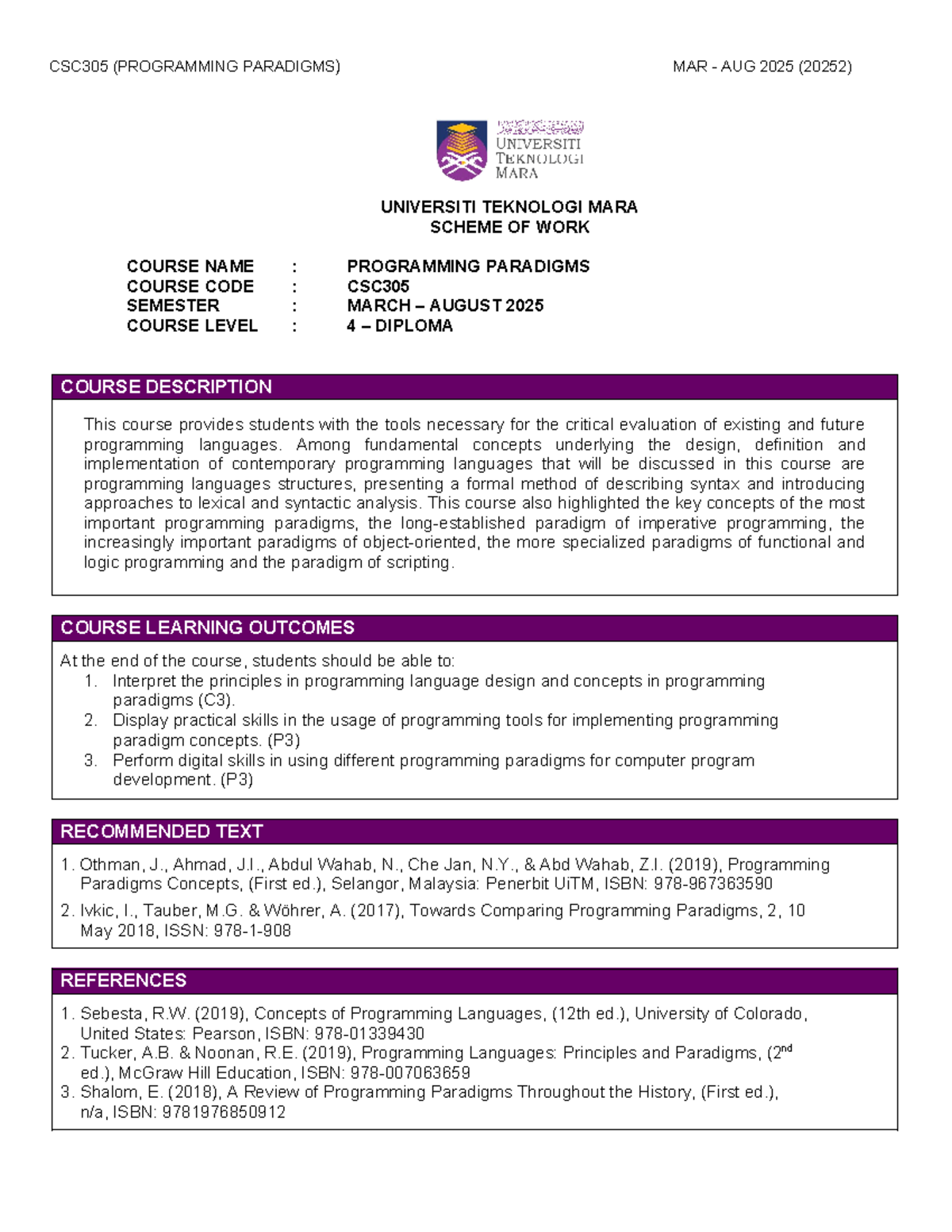 CSC305 Scheme of Work for Programming Paradigms (Mar-Aug 2025) - Studocu