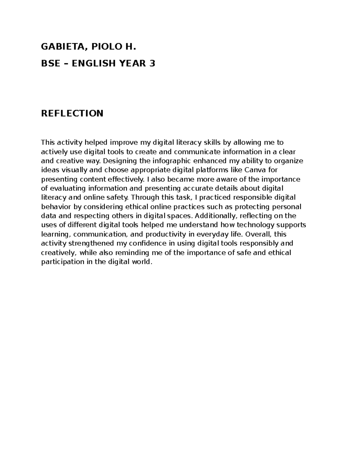 BSE ENGLISH YEAR 3: Reflection on Digital Literacy Skills - Studocu