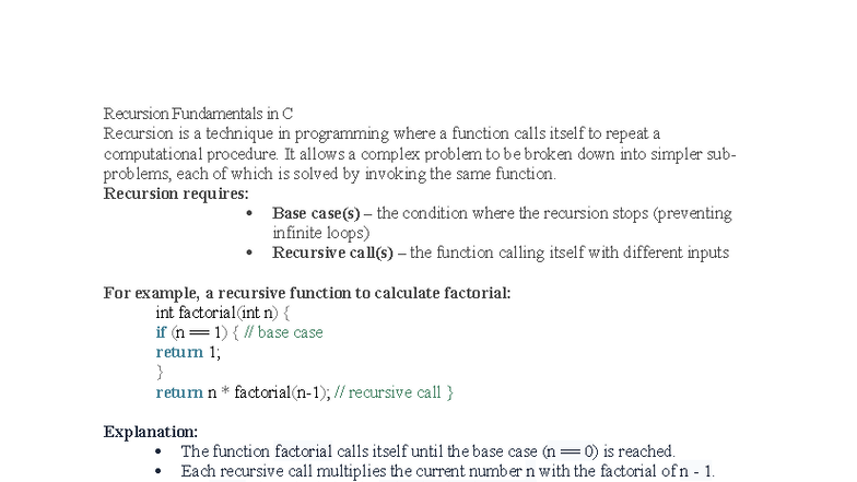 Recursion Fundamentals in C: Class 7 Overview and Examples - Studocu