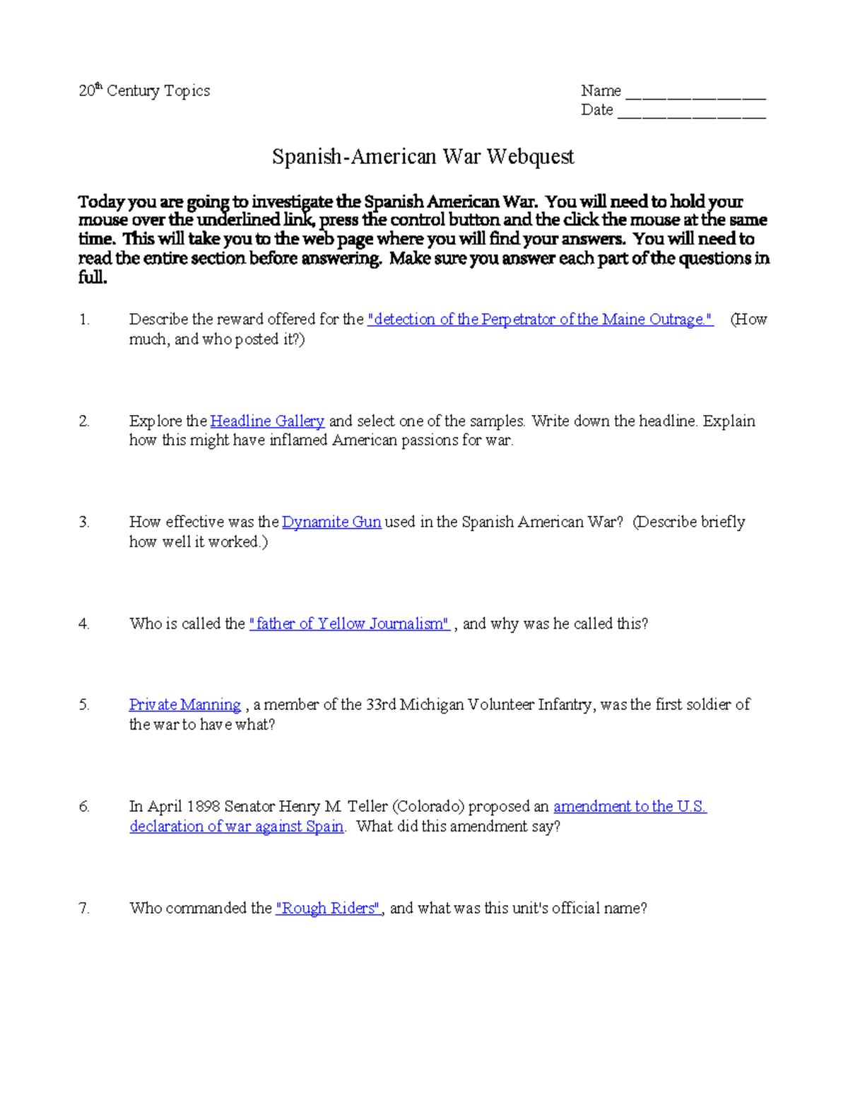 Spanish American Webquest - 20 th Century Topics Name ...