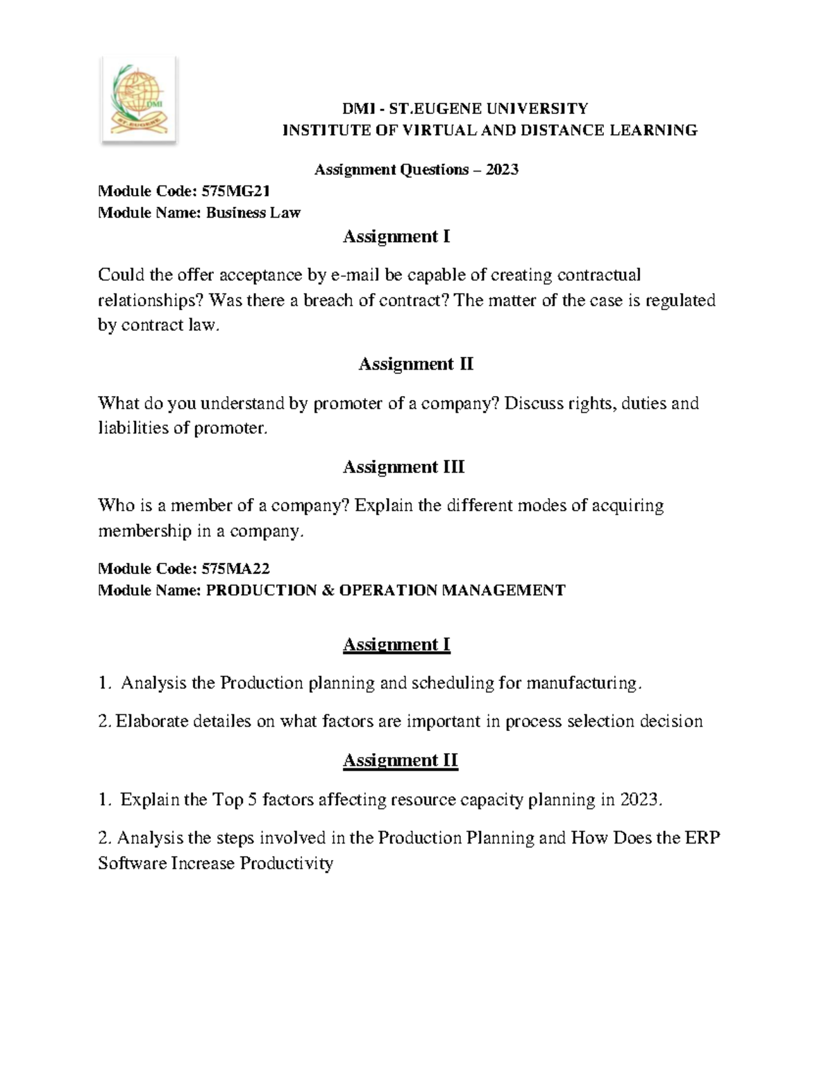 MBA - Assignment Questions & Notes for Modules 575MG21, 575MA22 ...