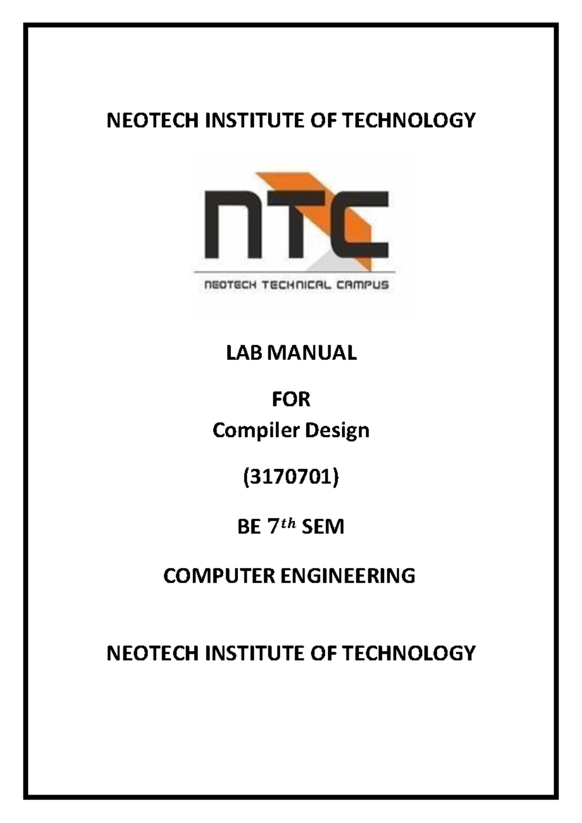 Compiler Design (3170701) Lab Manual: Practical Exercises and ...