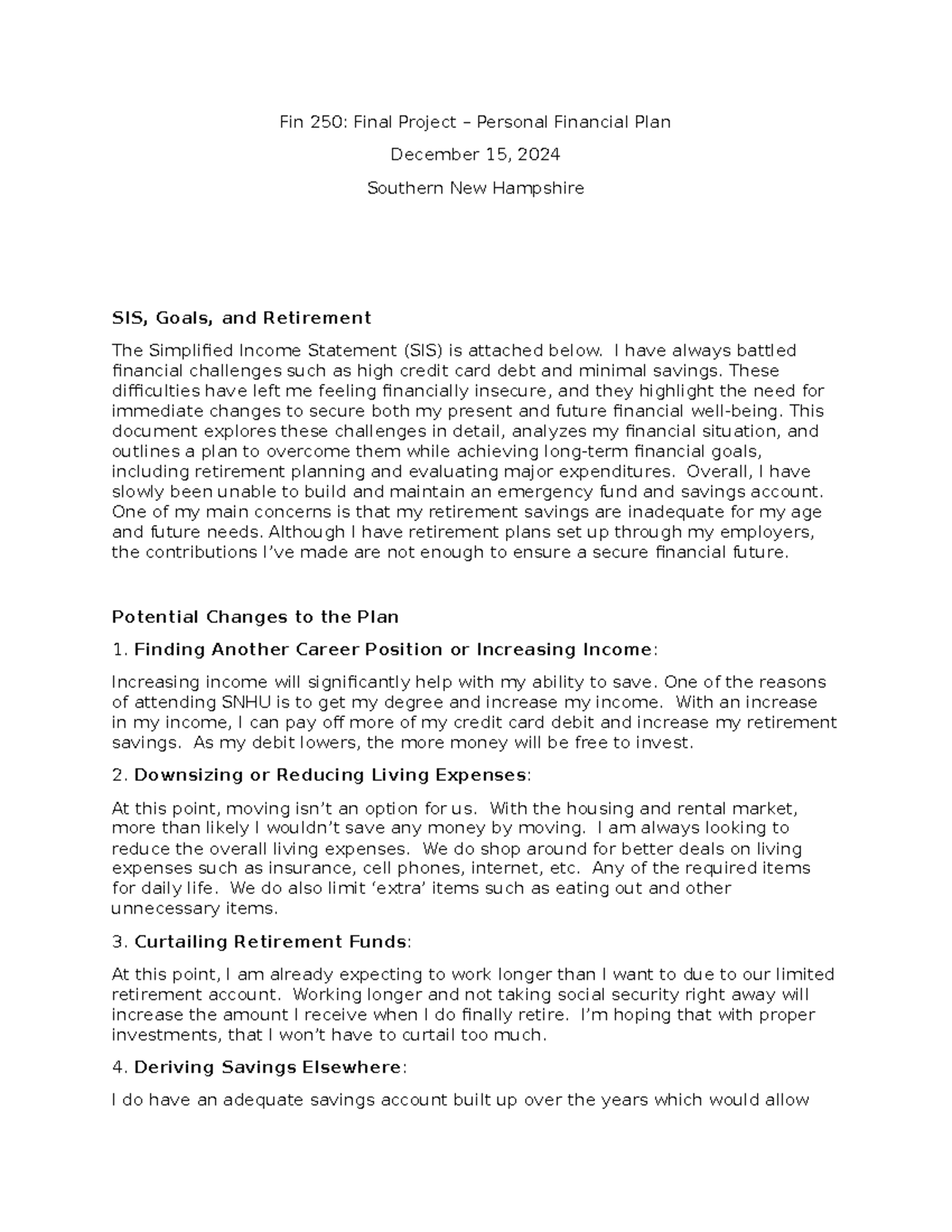 Fin 250 Final Project: Comprehensive Personal Financial Plan - Studocu