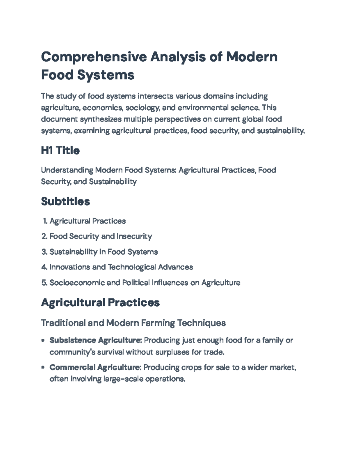 Analyzing Modern Food Systems: Agriculture, Security, and ...