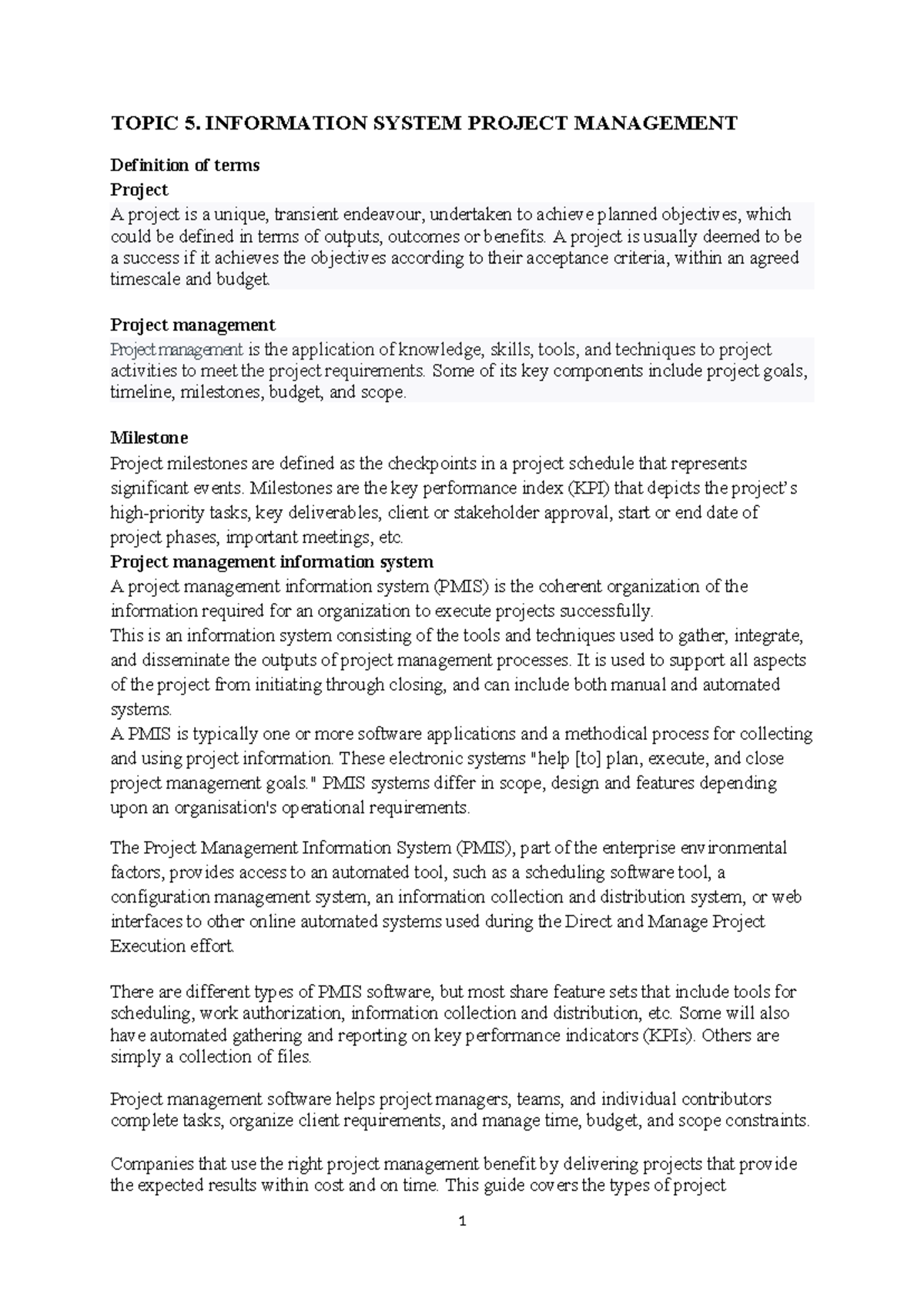Topic 5: Information Systems Project Management Overview and Key ...