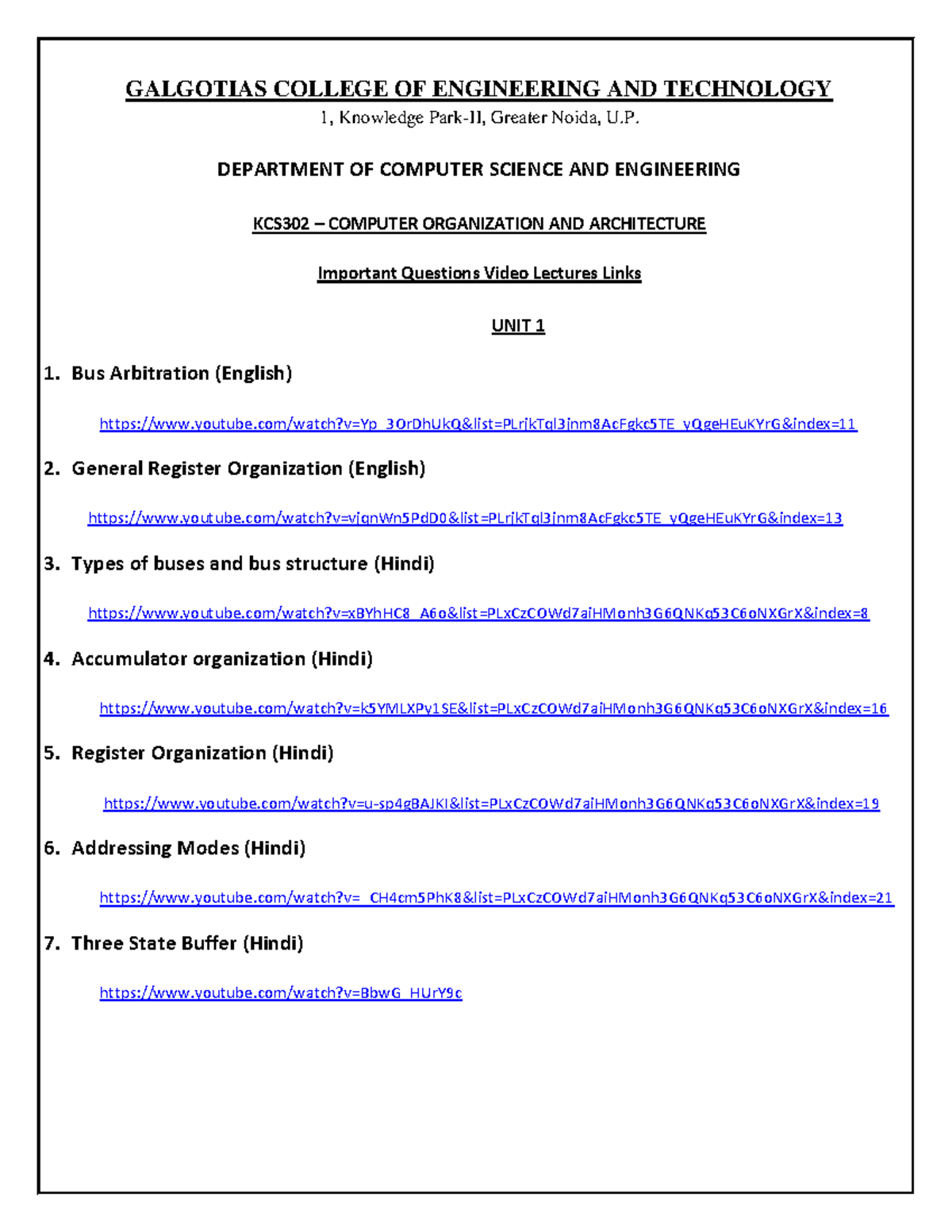 COA UNIT WISE Important Questions Video LINK - Computer Organization ...