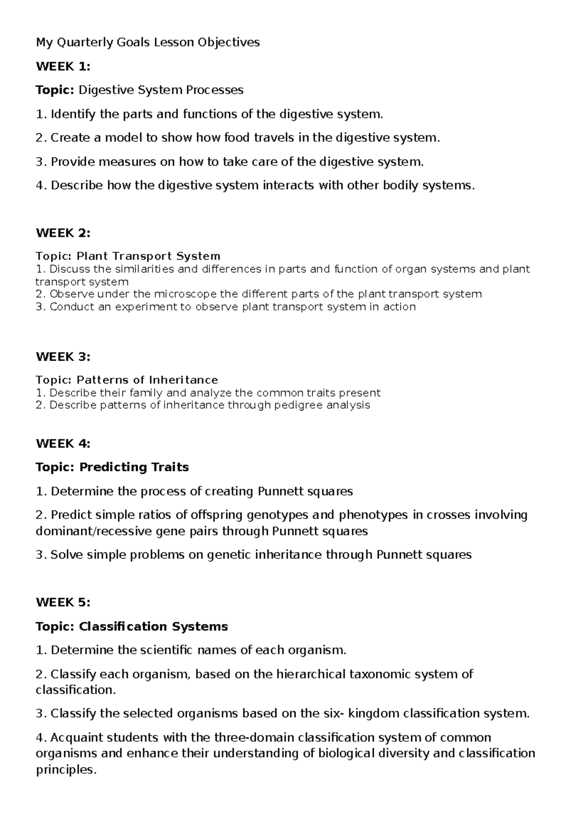 BIO 101: Quarterly Goals & Lesson Objectives on Systems - Studocu