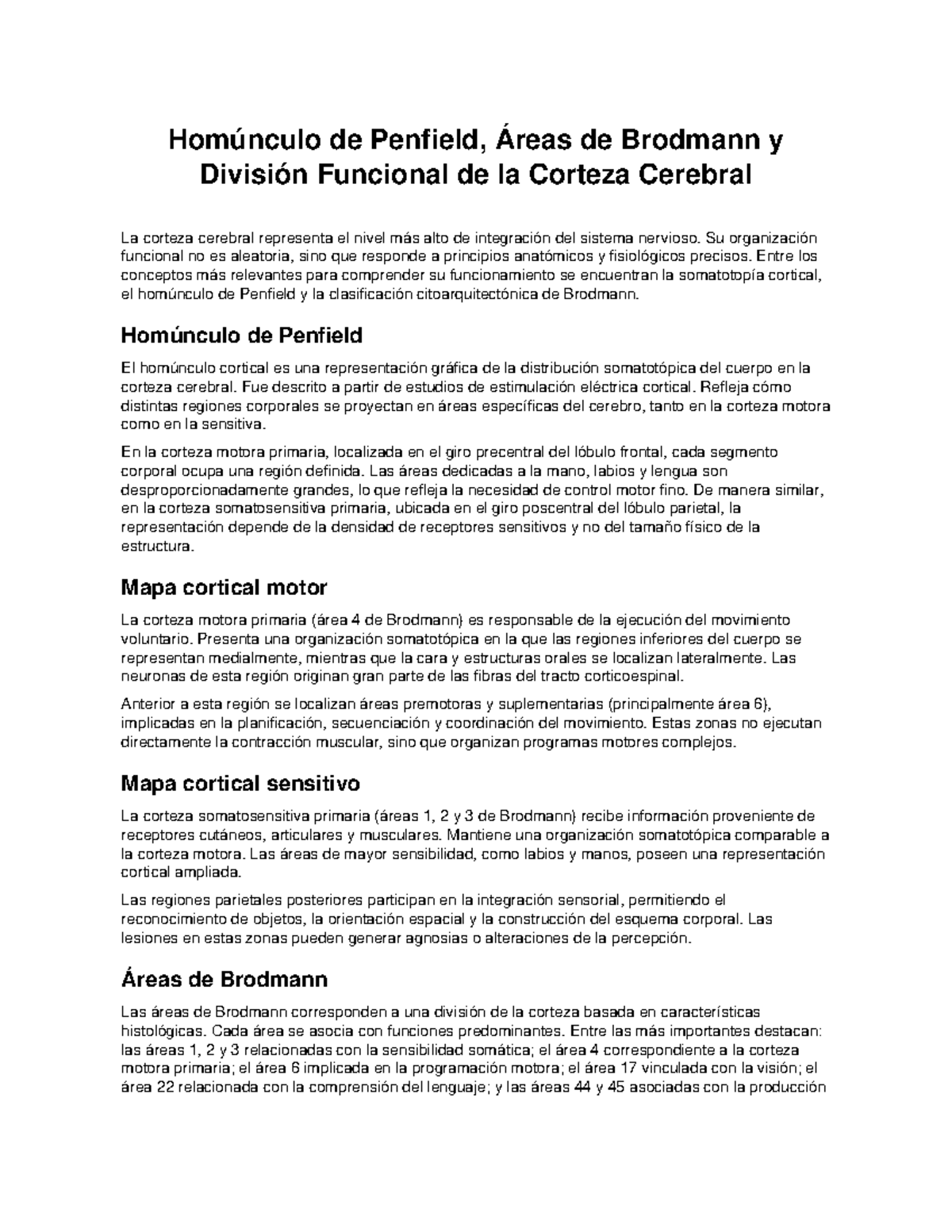 Corteza Cerebral: Homúnculo de Penfield y Áreas de Brodmann - Studocu