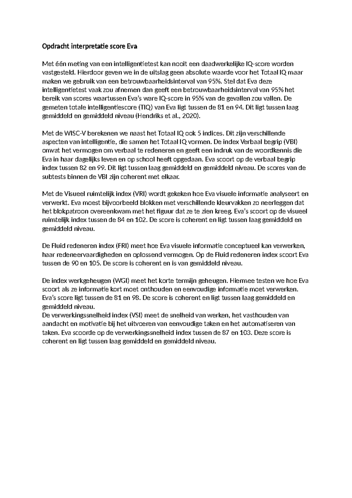 Opdracht Interpretatie Score Eva: IQ en Indexen Analyse - Studeersnel