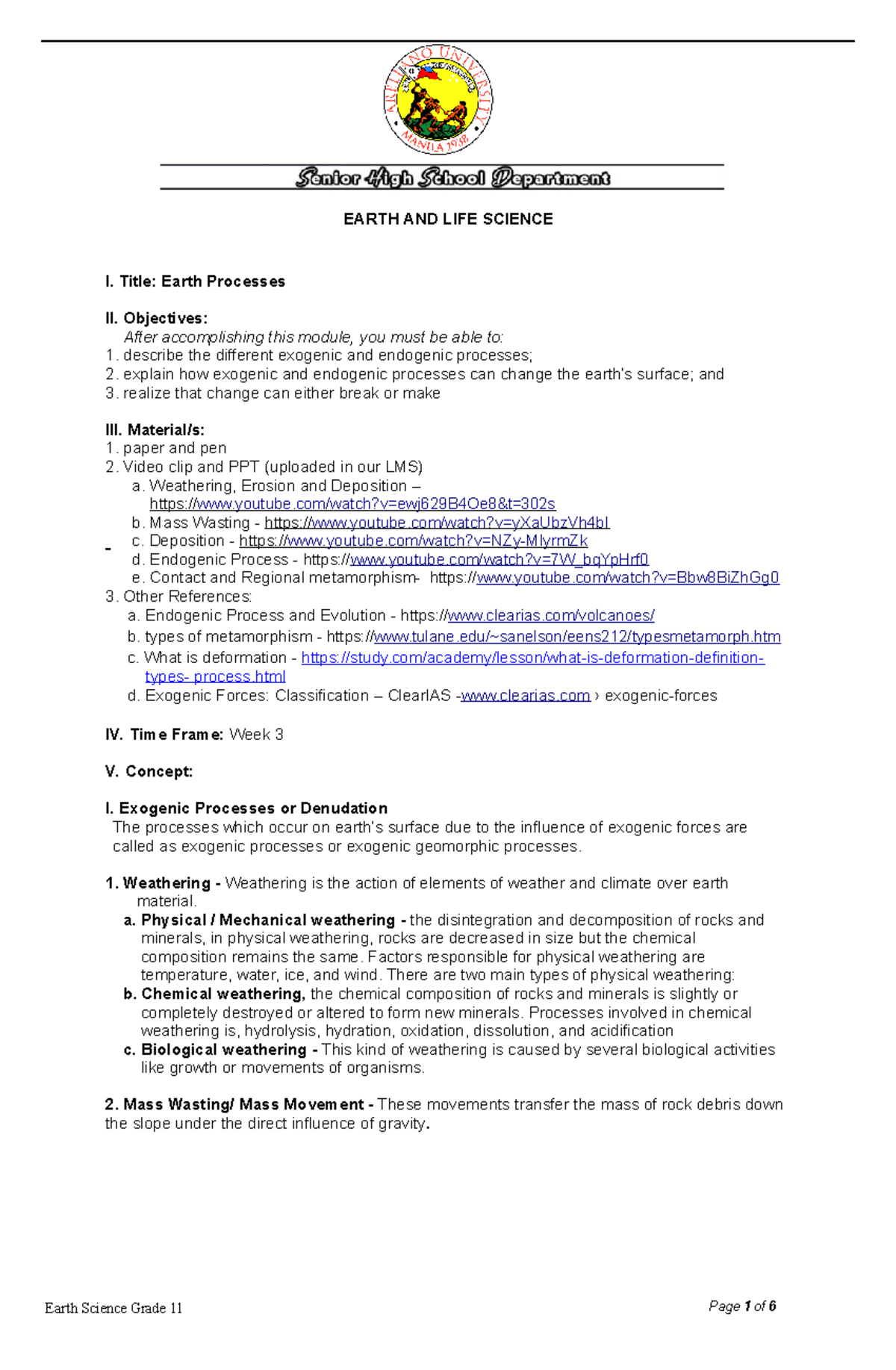 Endogenic and Exogenic Processes in Earth Science (Grade 11 Module ...