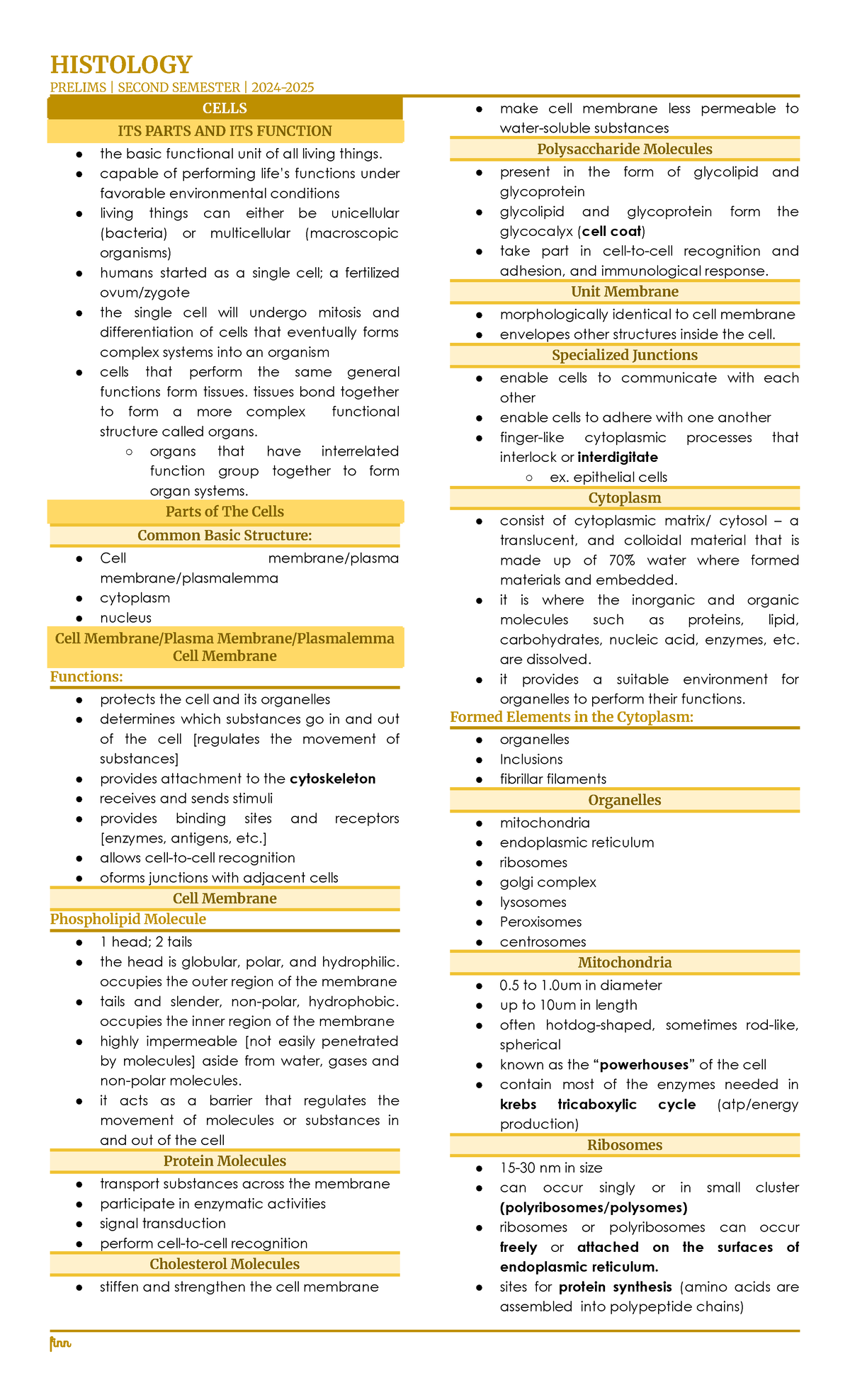 HISTOLOGY PRELIMS SECOND SEMESTER: CELLS, STRUCTURES, AND FUNCTIONS - Studocu