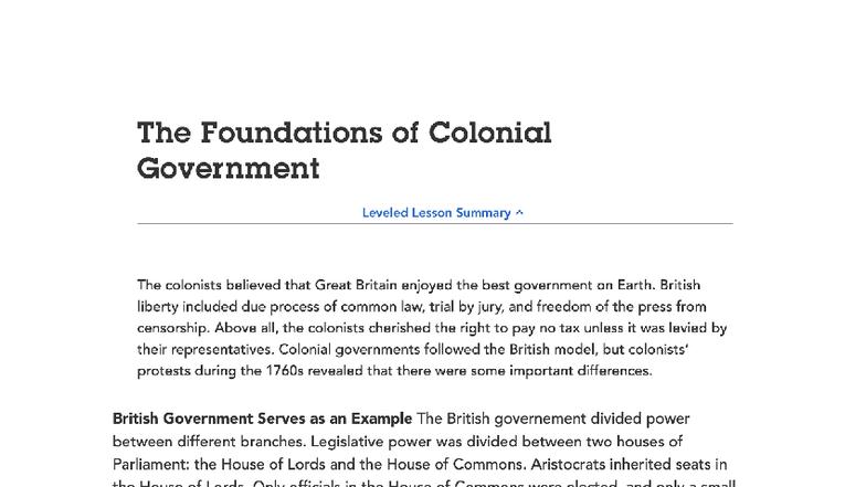 Colonial Government Foundations: A Comparative Lesson Summary - Studocu