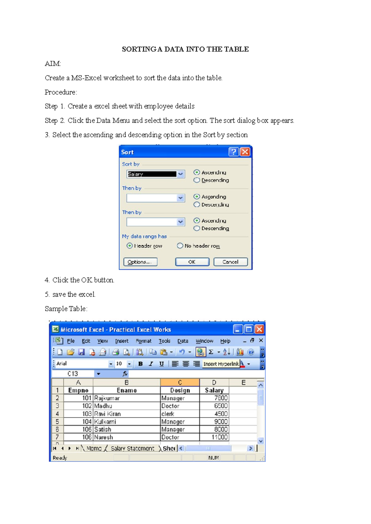 Ex4 - Sorting a data into excel - Bca(computer application) - SORTING A ...
