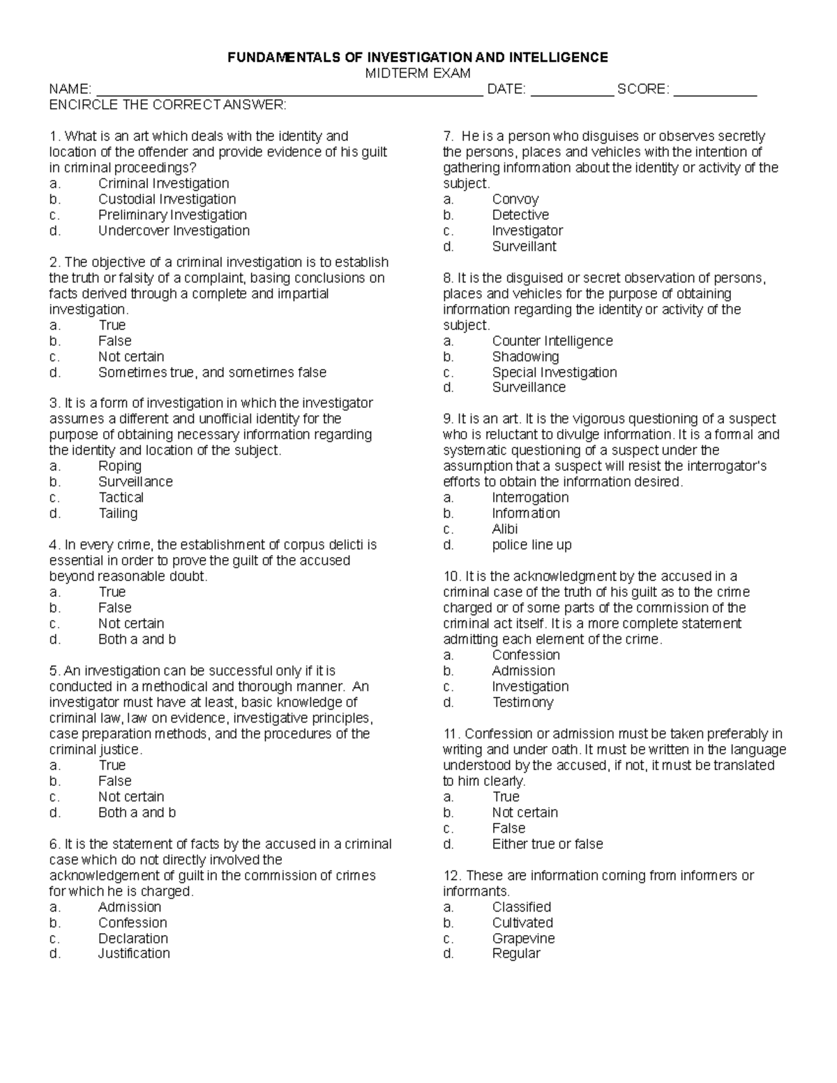 FUNDAMENTALS OF INVESTIGATION AND INTELLIGENCE MIDTERM EXAM REVIEW ...
