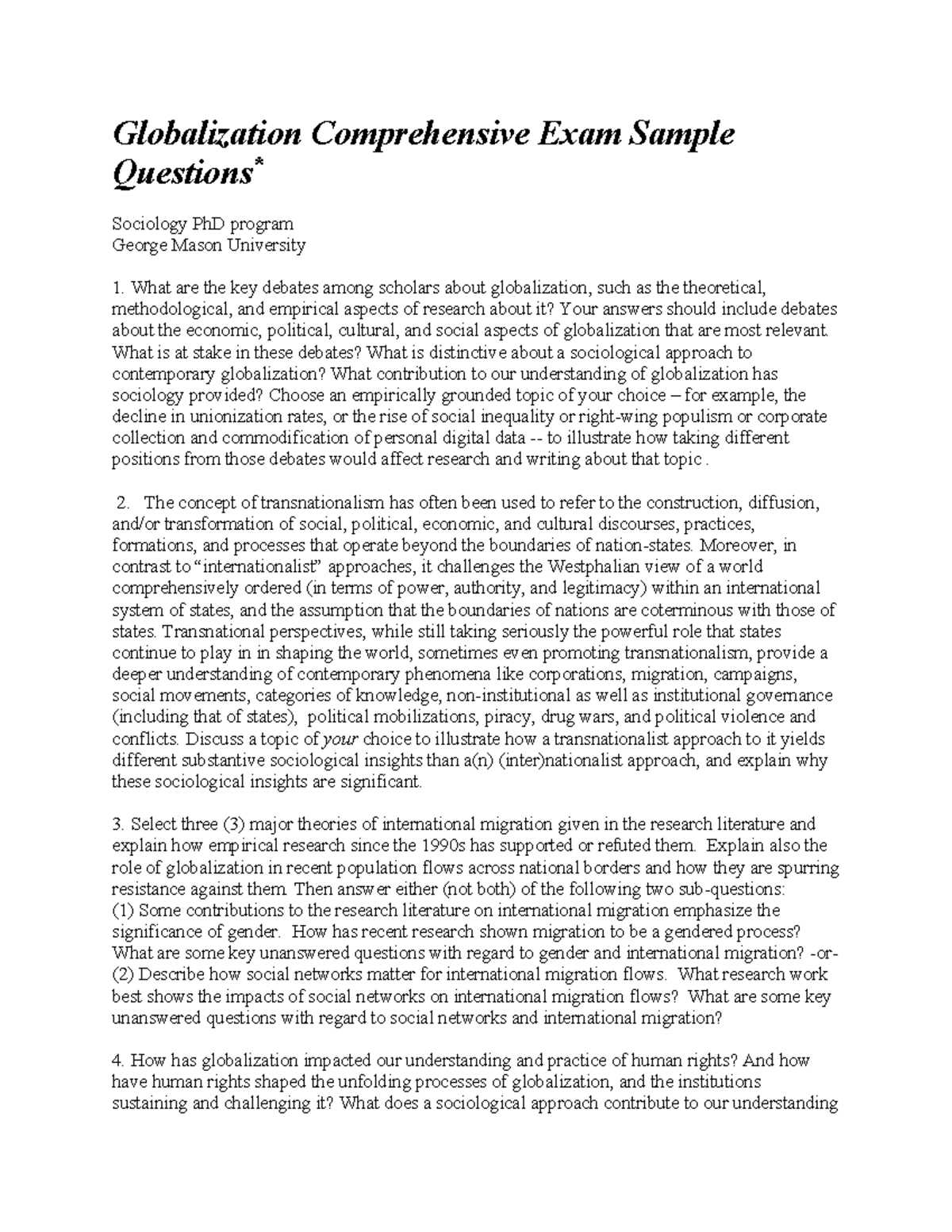 Globalization Comprehensive Exam Sample Questions - SOC 799 - Apr 2020 ...