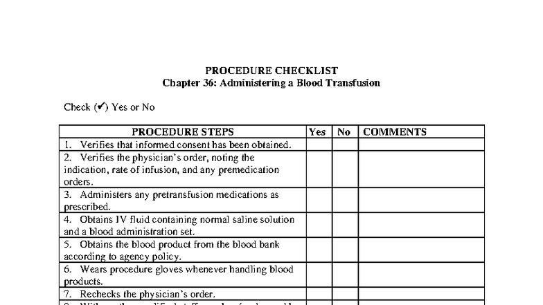 Blood Transfusion Procedure Checklist: Chapter 36 - Studocu