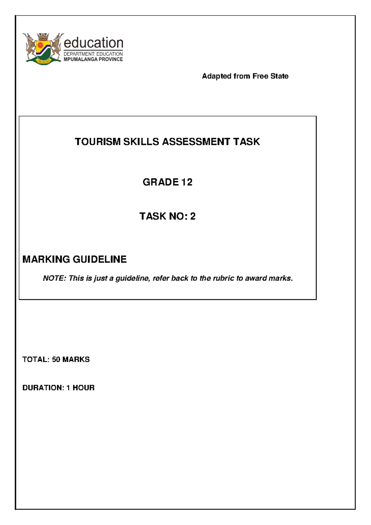 Grade 12 Tourism Skills Assessment Task Marking Guideline - Studocu