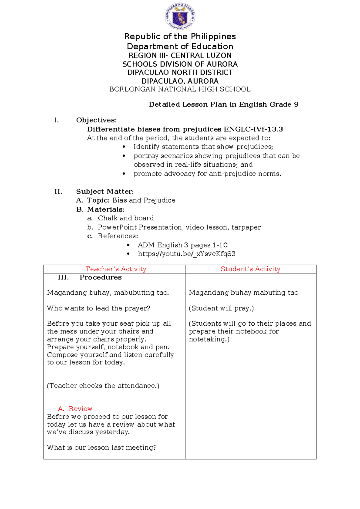 Detailed Lesson Plan on Bias and Prejudice for COT English Grade 9 ...