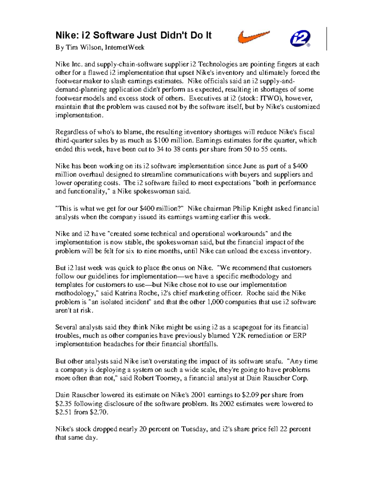 Nike i2 Case Study: Software Implementation Challenges - Studocu