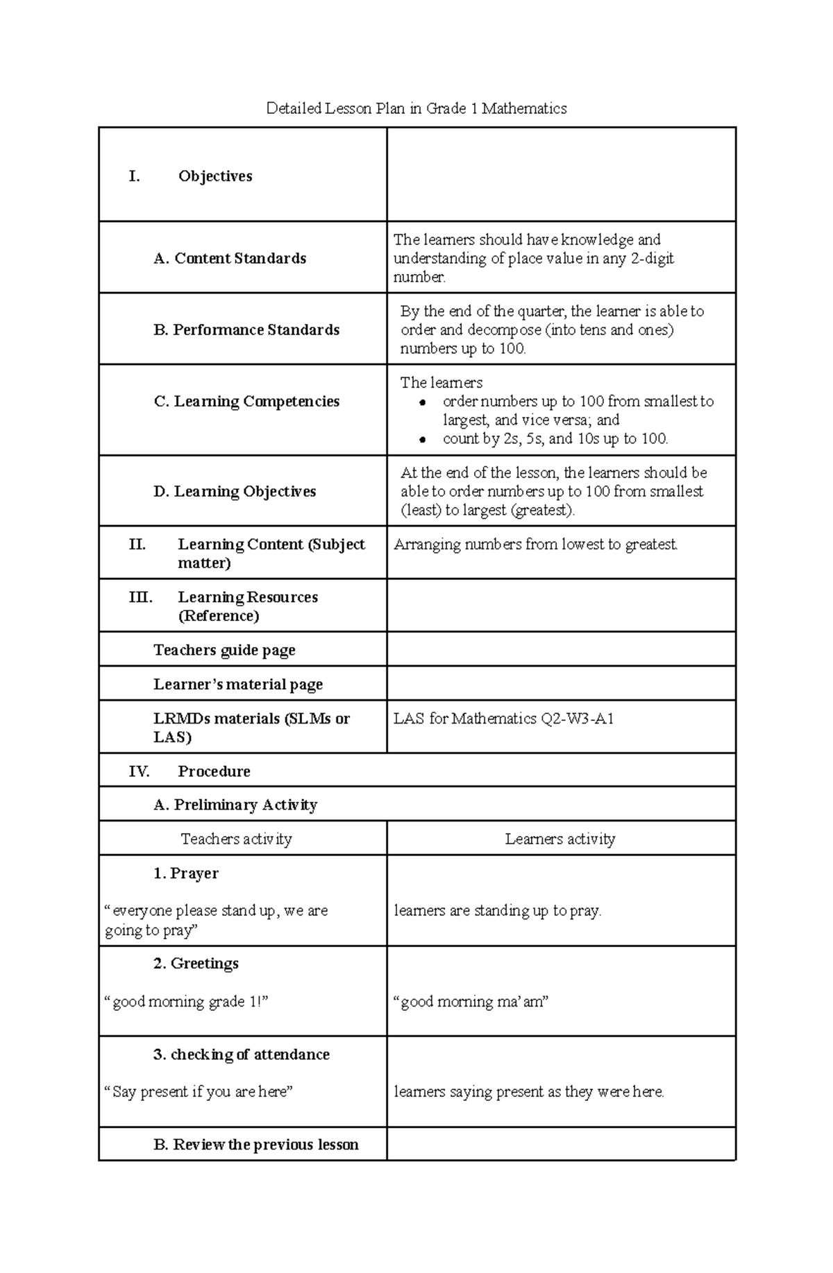 Grade 1 Math Lesson Plan: Ordering 2-Digit Numbers - Studocu