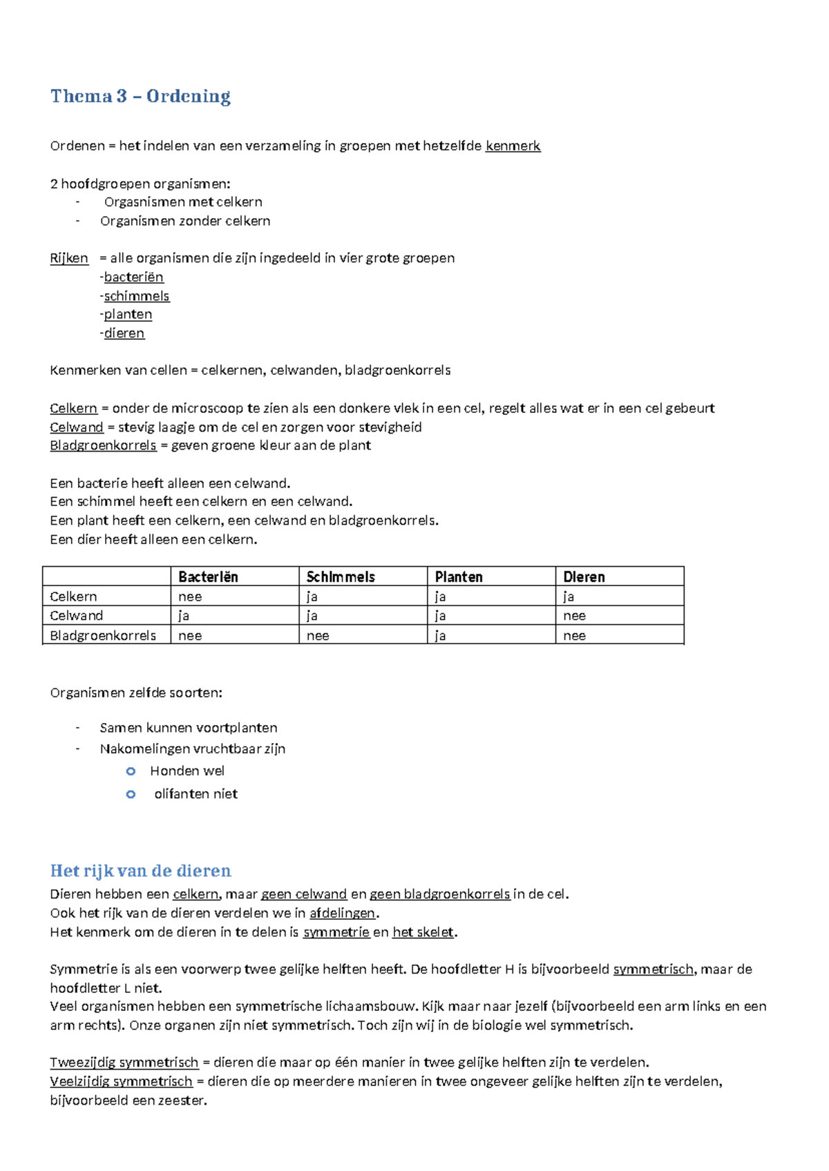 Biologie KGT 1 Thema 3: Ordening van Organismen en Kenmerken - Studeersnel