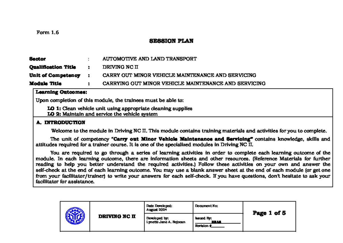 Form 1 - CBLM for Driving NC II: Minor Vehicle Maintenance Module - Studocu