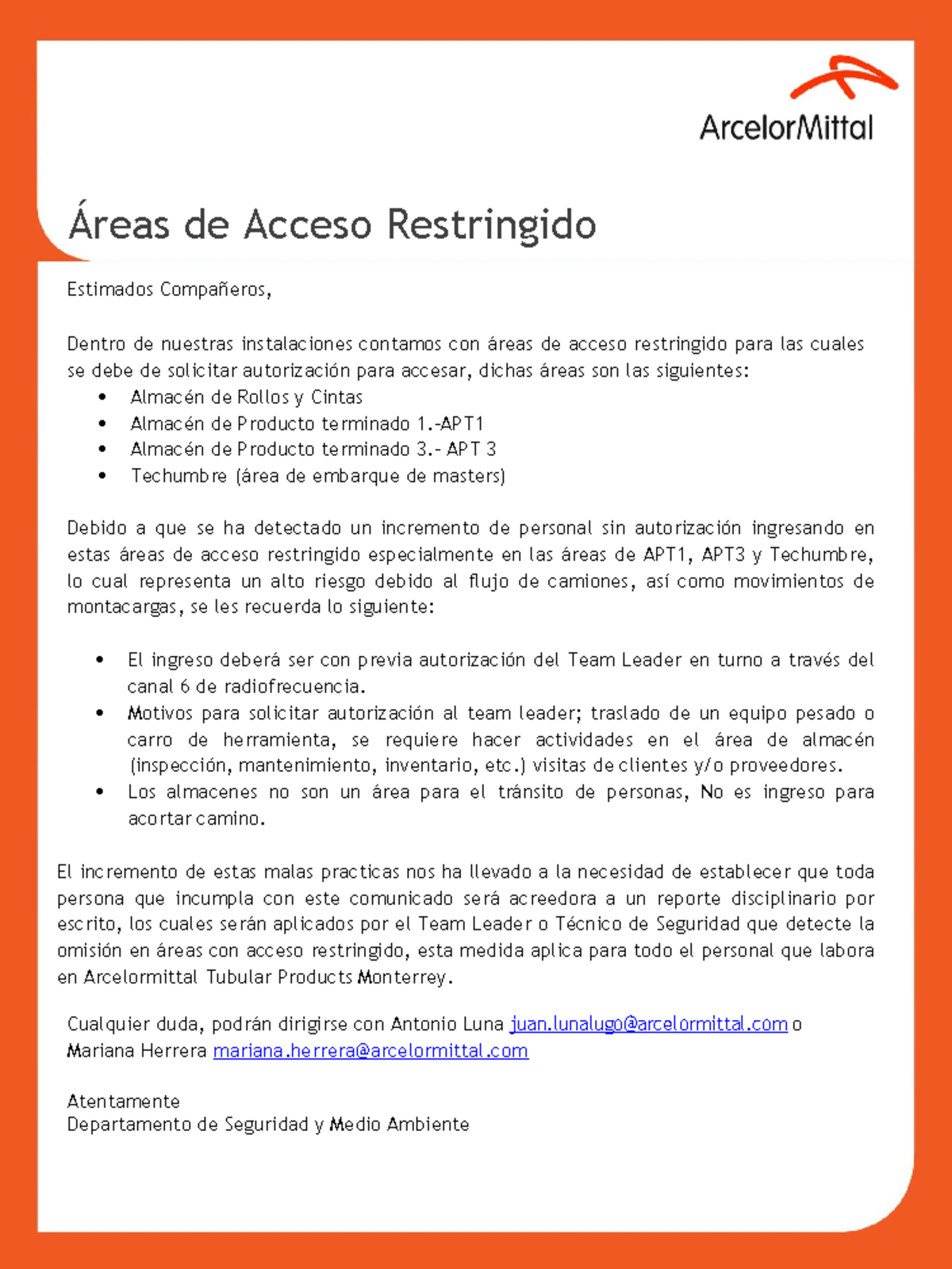 Comunicado sobre Áreas de Acceso Restringido en Arcelormittal - Studocu