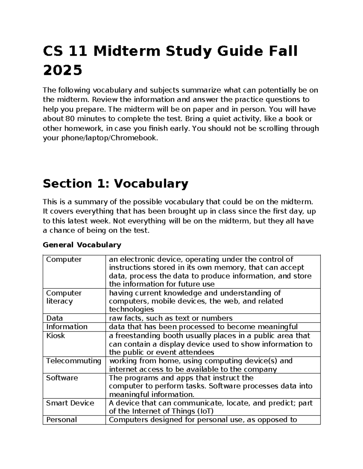 CS 11 Midterm Study Guide: Key Vocabulary & Practice Questions - Studocu