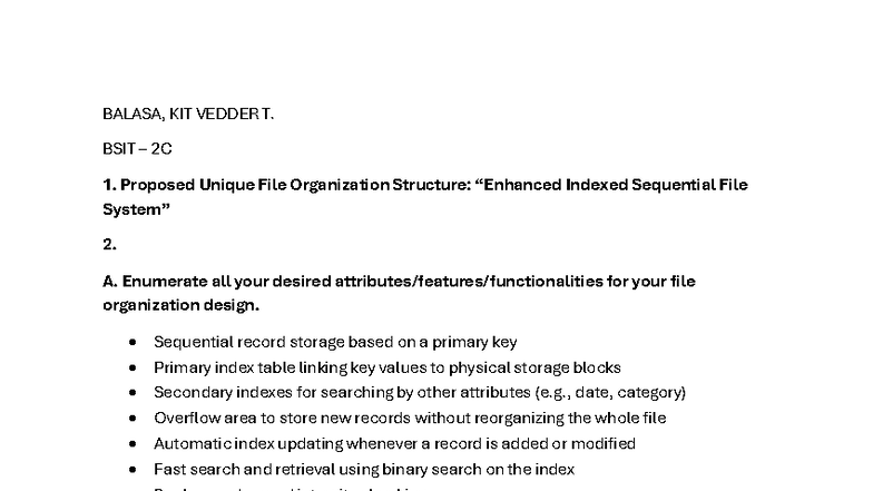 Proposed Indexed Sequential File Org Structure for BSIT 2C 1 - Studocu
