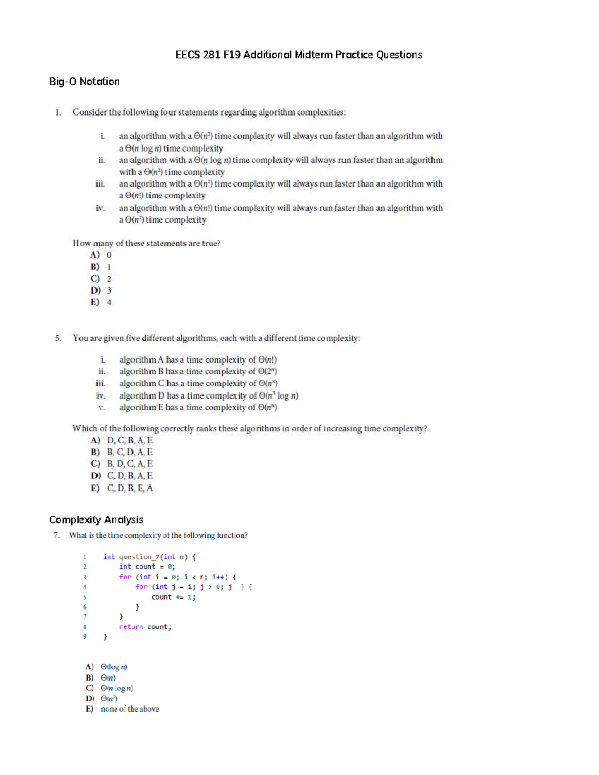Additional MCProblems - EECS 281 - EECS 281 F19 Additional Midterm Practice Questions Big-O ...