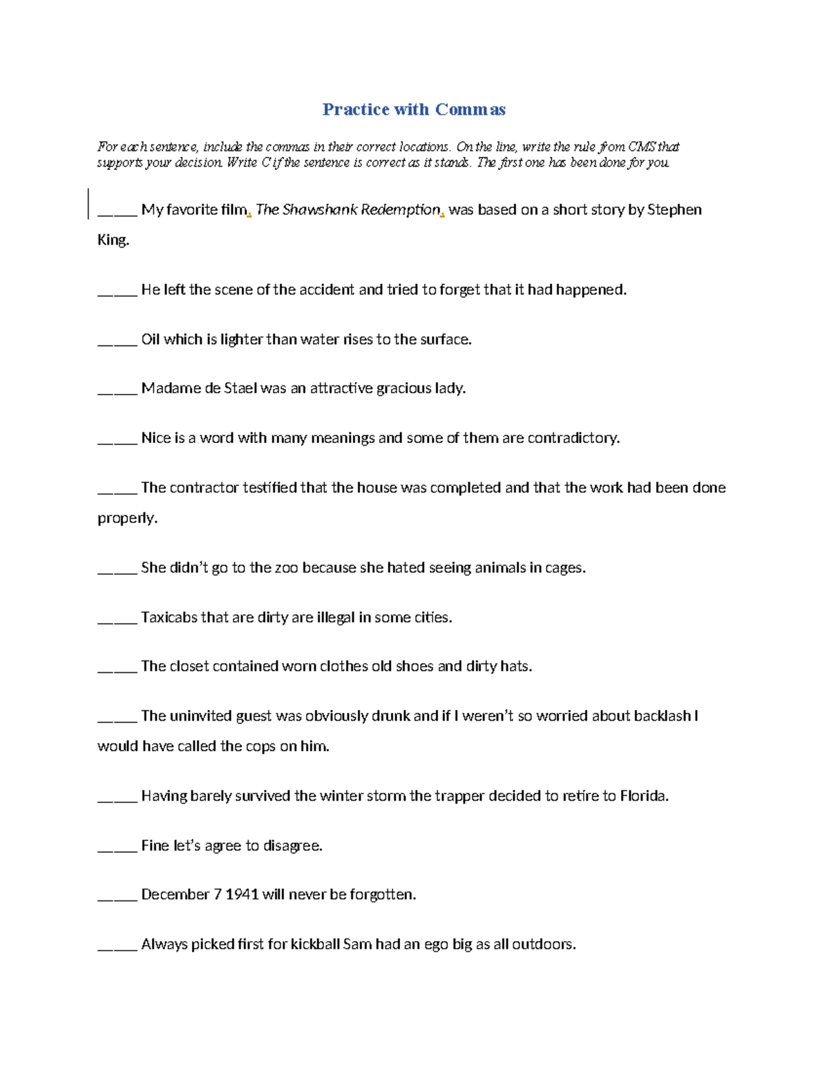 Practice with Commas: Rules and Corrections Guide - Studocu