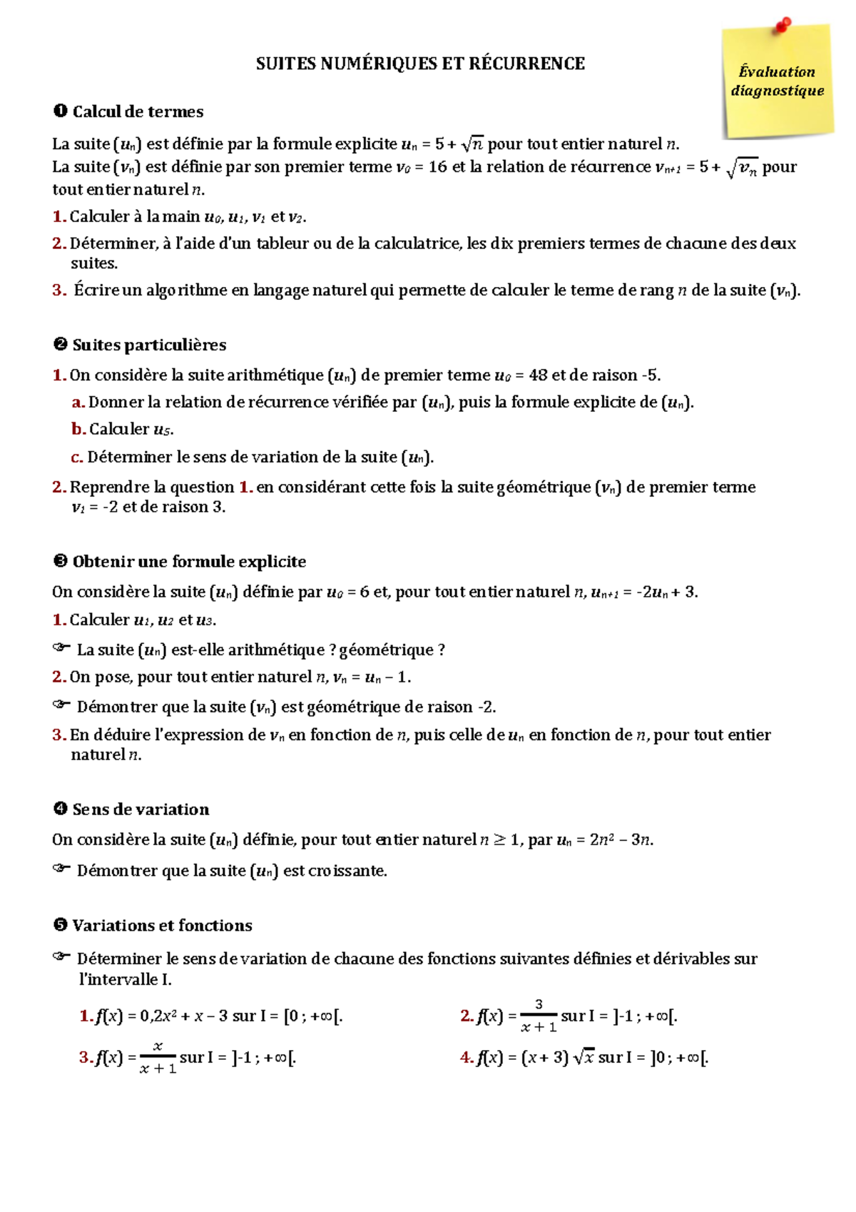 Évaluation Diagnostique de Mathématiques : Suites Numériques et ...