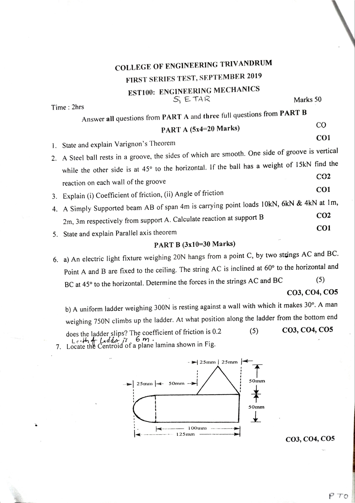 Engg Mechanics Quiz Paper (QP) - Sample Questions and Solutions - Studocu