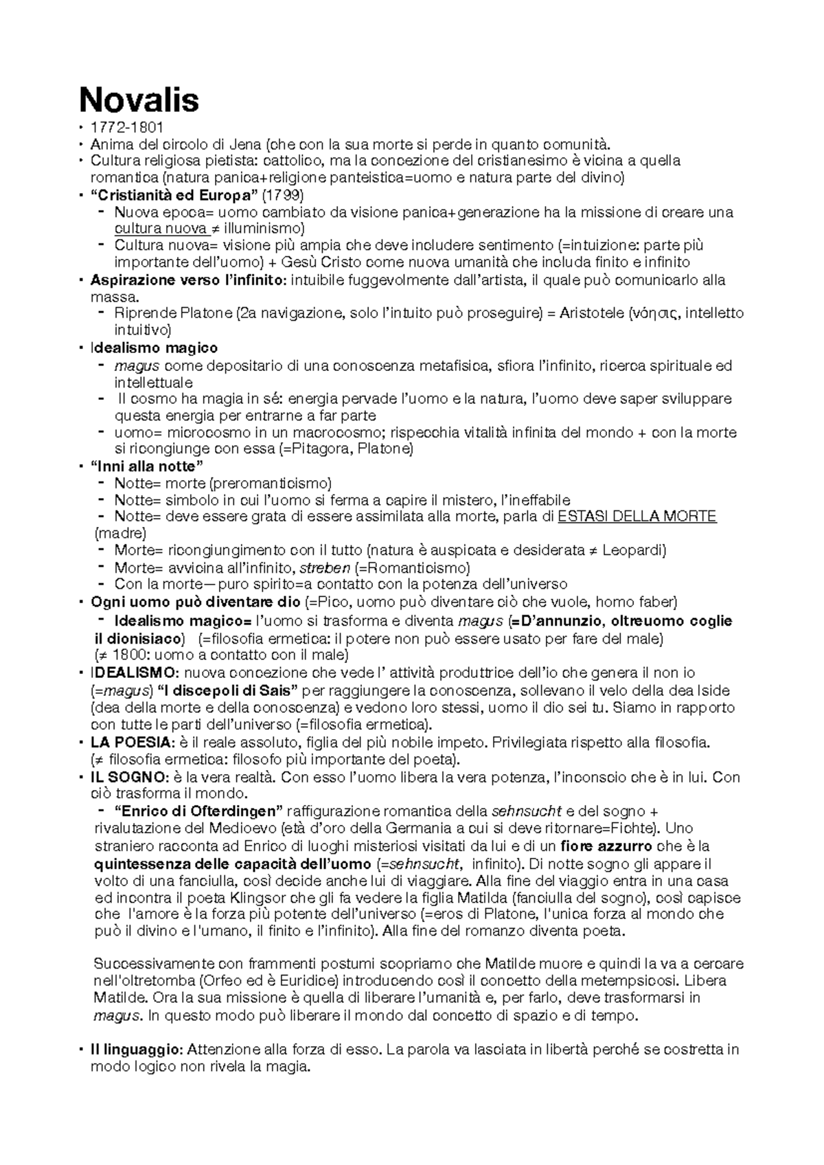 Novalis: Anima del Circolo di Jena e l'Estasi della Morte - Studocu