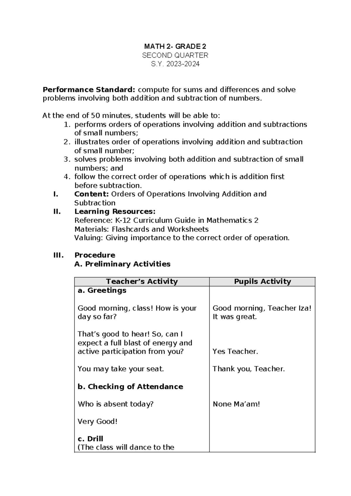 MATH 2 LP - Lesson Plan on Orders of Operations with Addition ...