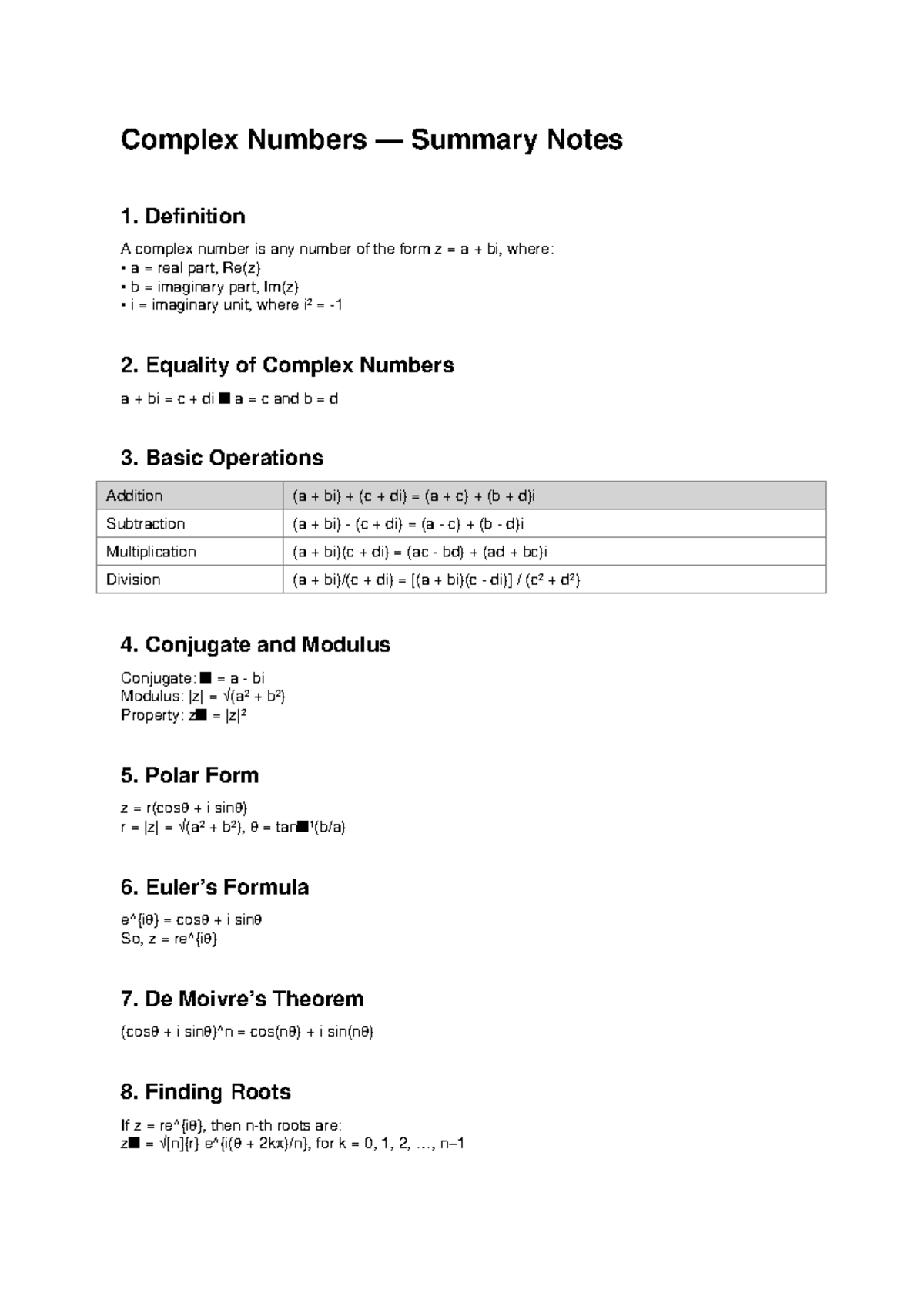 Complex Numbers Summary Notes: Key Concepts and Operations - Studocu