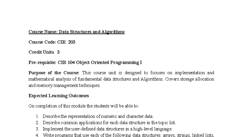 CIR 203 Course Outline: Data Structures & Algorithms Overview - Studocu