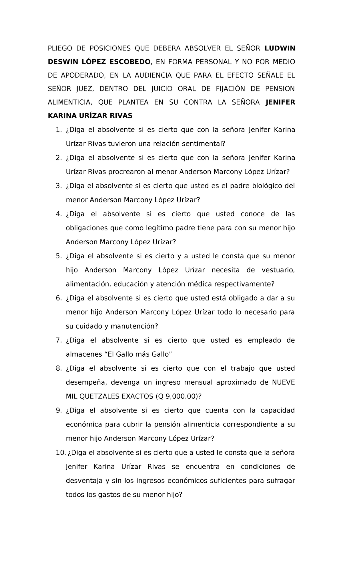 Pliego DE Posiciones - PLIEGO DE POSICIONES QUE DEBERA ABSOLVER EL ...