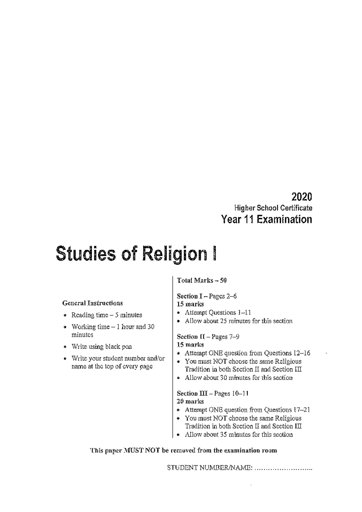 2020 Year 11 SOR I Exam Paper - Total Marks 50 - Studocu