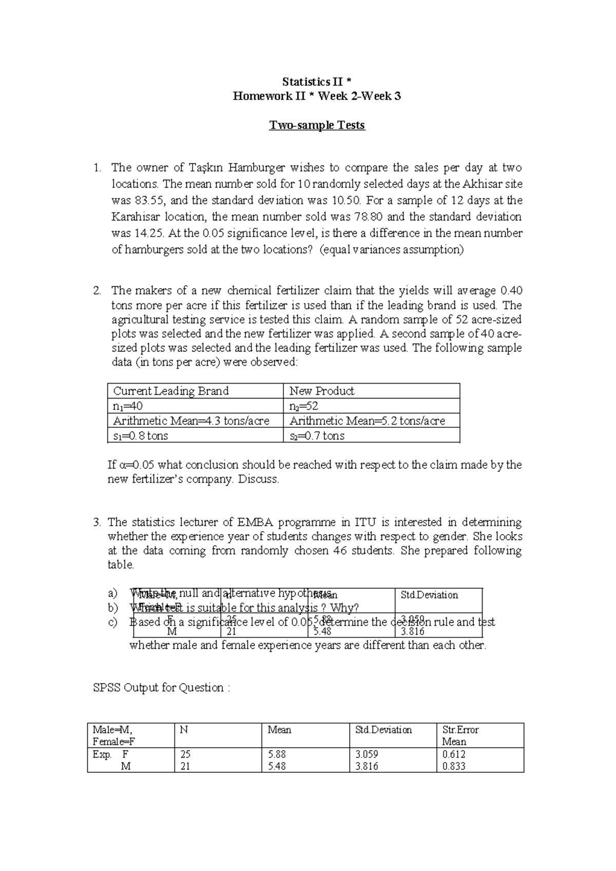 W3-2-Hypothesis Testing Questions-Two sample - Statistics II * Homework ...