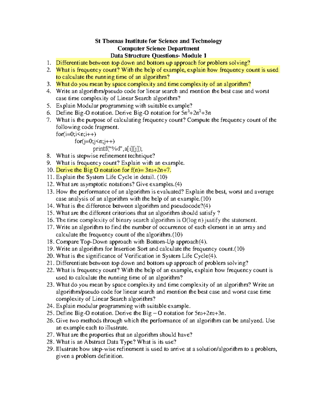 Data Structure Question Bank - Module Wise (CS101) - Studocu