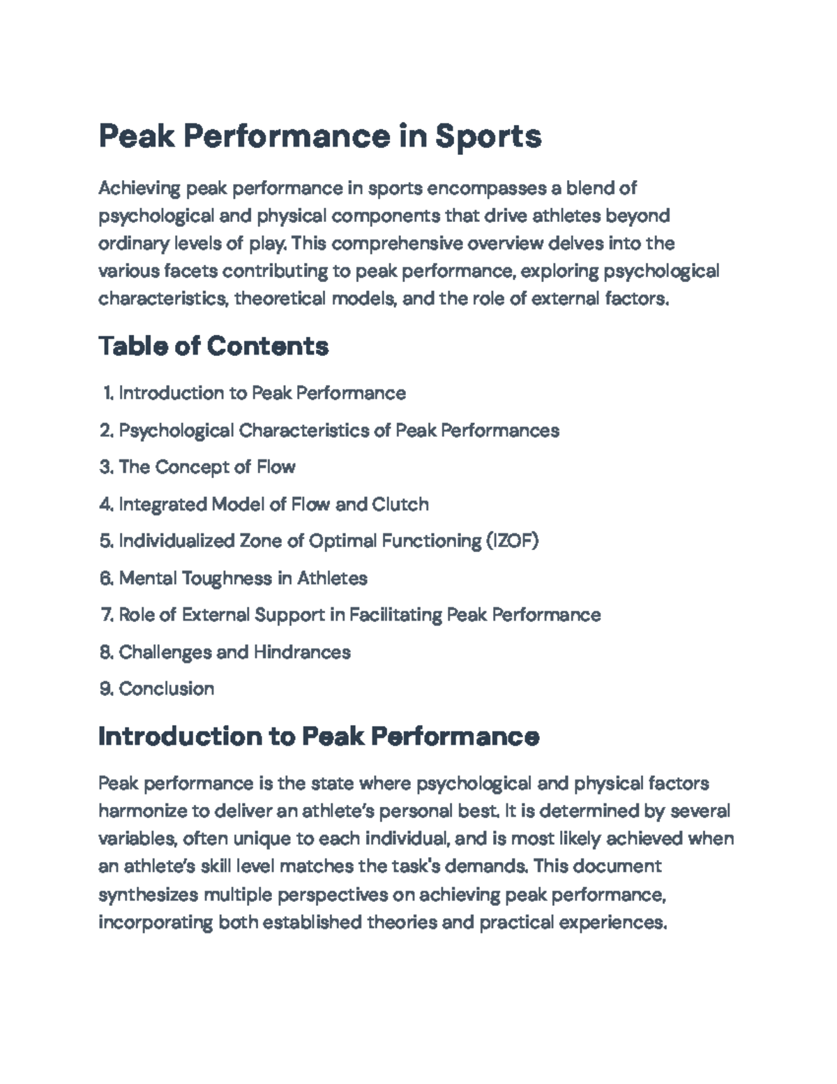 Peak Performance in Sports: Psychological Factors and External Support ...