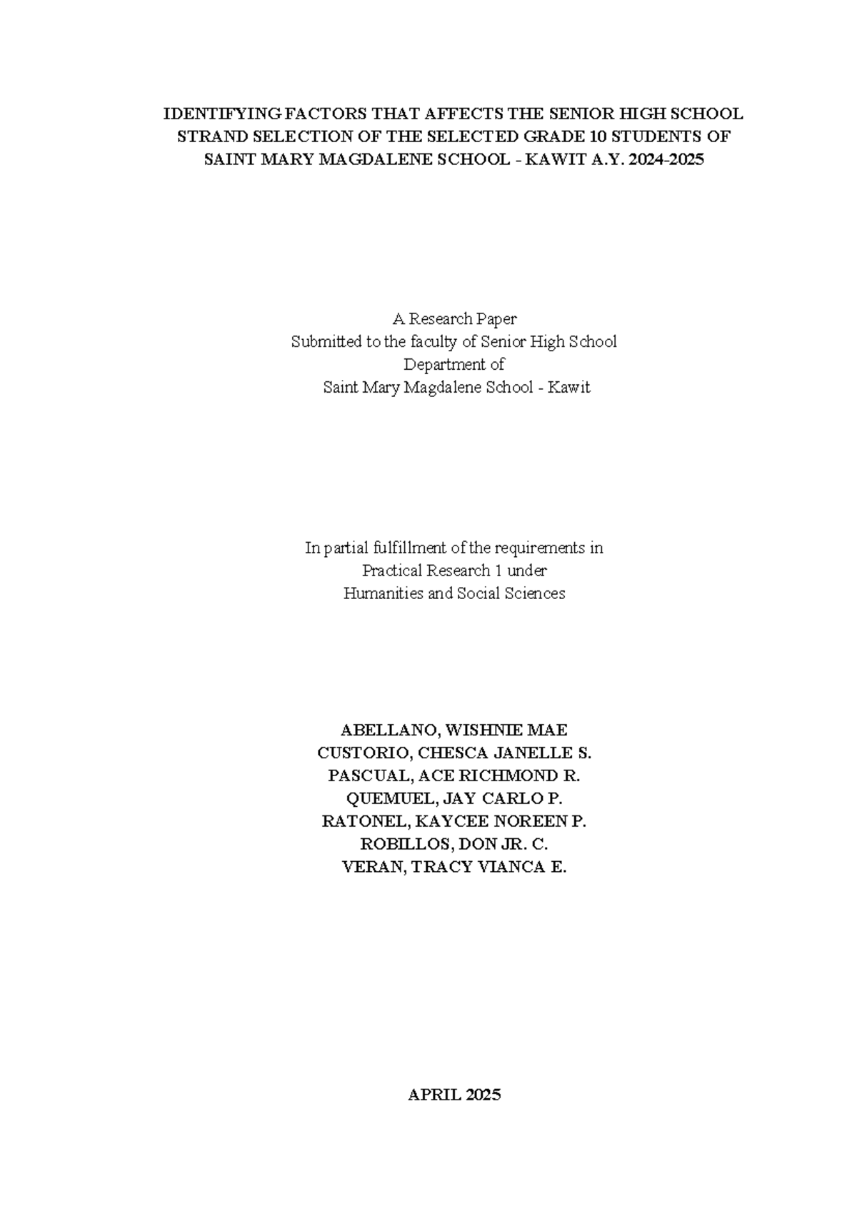 Identifying Factors Influencing SHS Strand Selection of Grade 10 ...