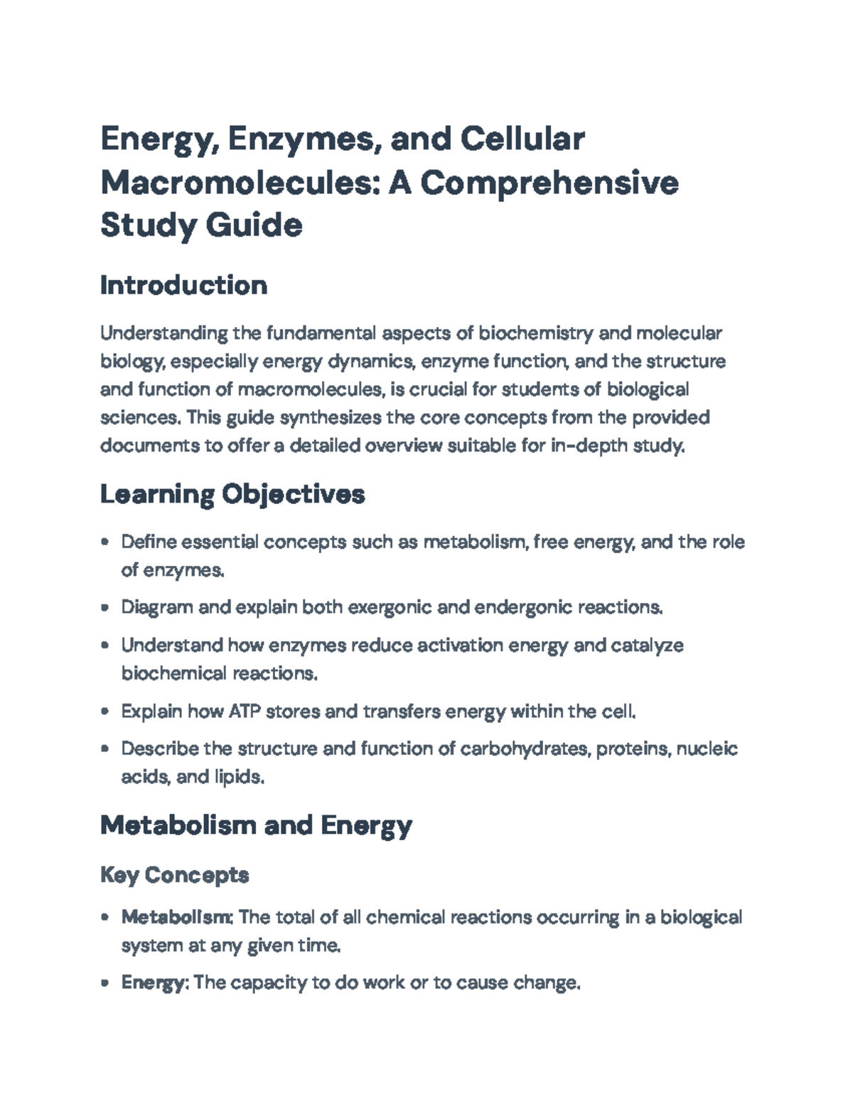 Biochemistry Concepts: Energy, Enzymes, and Macromolecules Study Guide ...