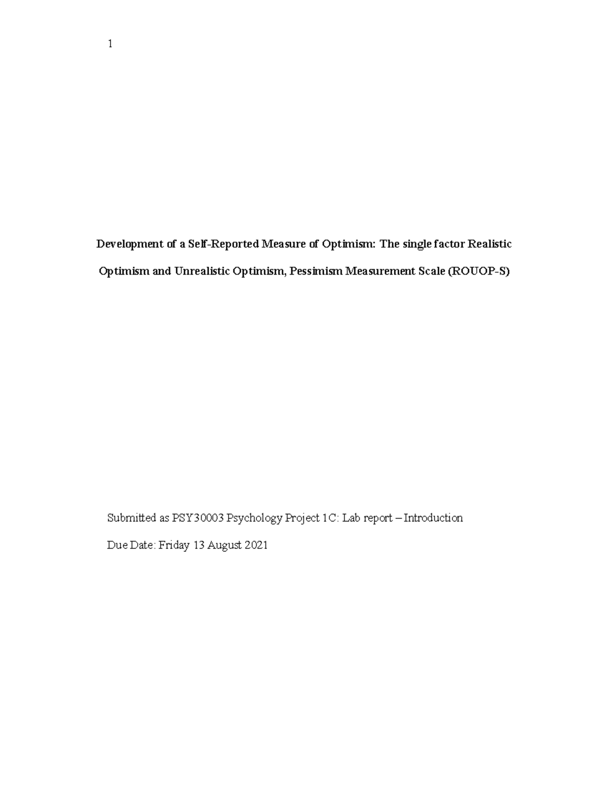 PSY30003 Lab Report: Development of the ROUOP-S Measure of Optimism ...
