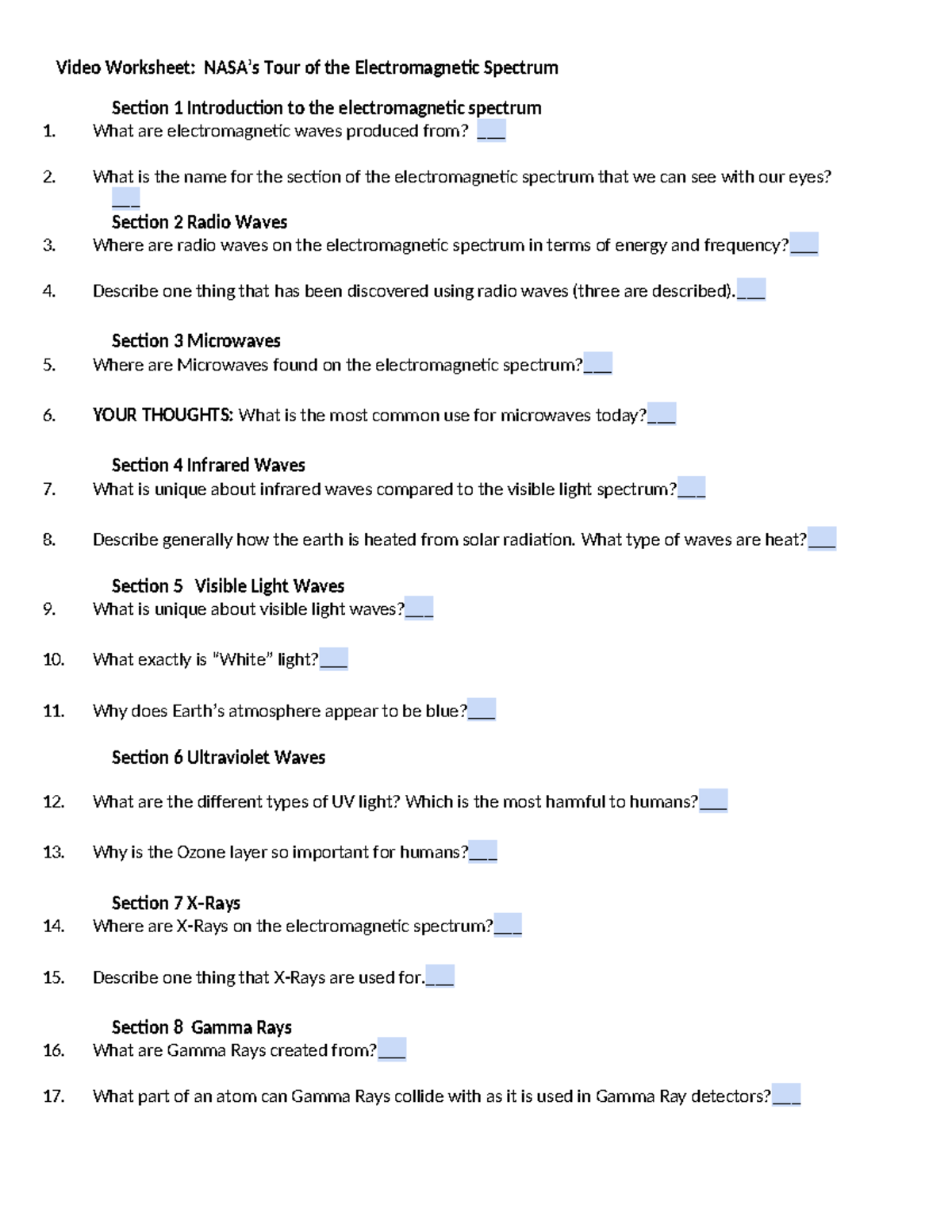 NASA Video EMS - Electromagnetic Spectrum Classwork Worksheet - Studocu