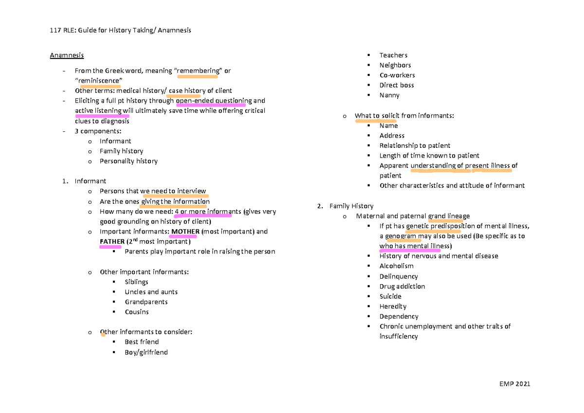117 RLE Guide to History Taking Anamnesis - Anamnesis From the Greek ...