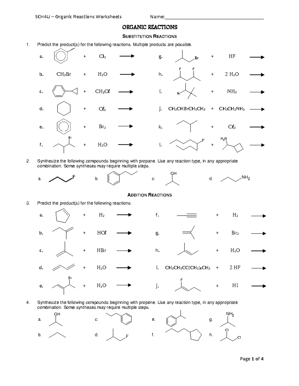 02 - Organic Reactions Worksheets - ORGANIC REACTIONS SUBSTITUTION ...