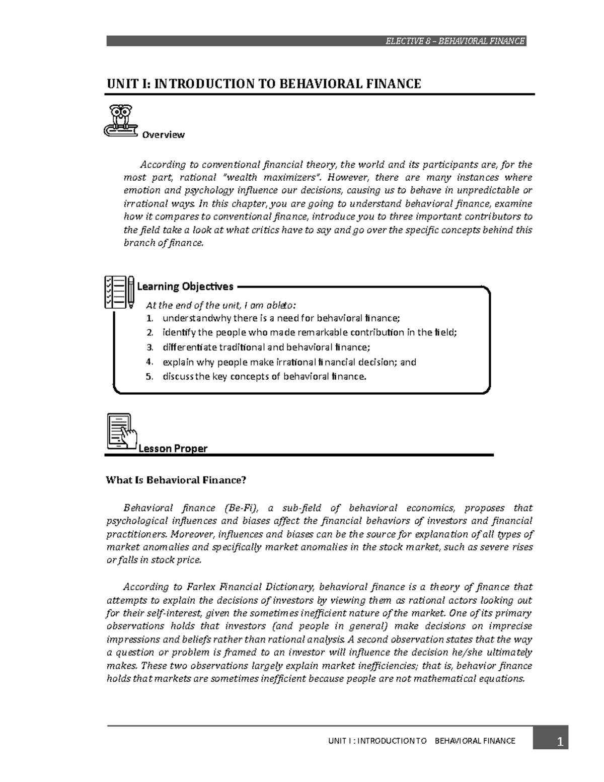 Unit I: Intro to Behavioral Finance Concepts and Key Contributors - Studocu