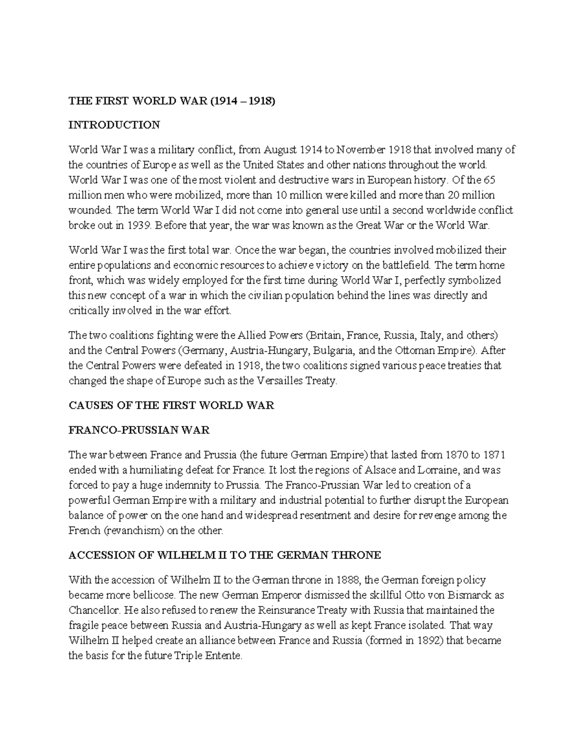 THE FIRST WORLD WAR (1914-1918): Key Historical Notes - Studocu
